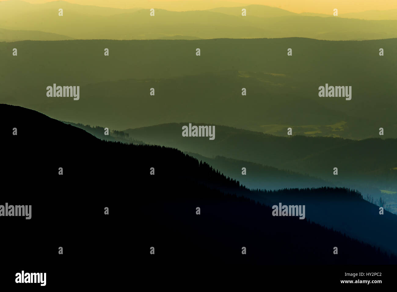 A beautiful, colorful, abstract mountain landscape with a hot summer ...