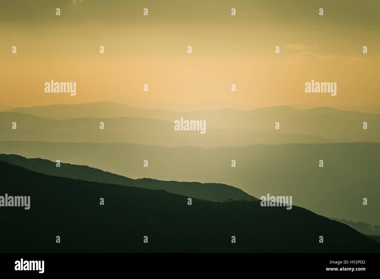 A beautiful, colorful, abstract mountain landscape with a hot summer ...