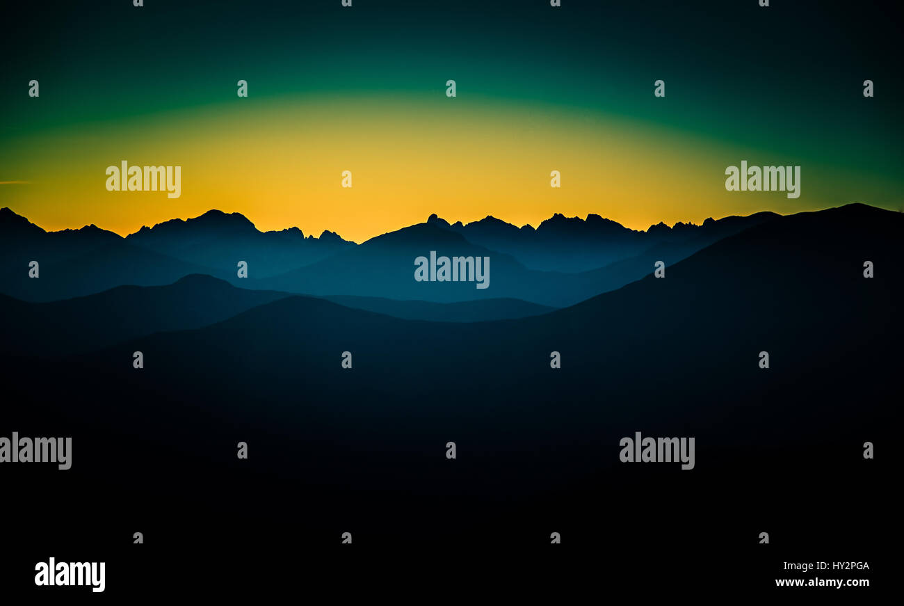 A beautiful, colorful, abstract mountain landscape with a hot summer ...