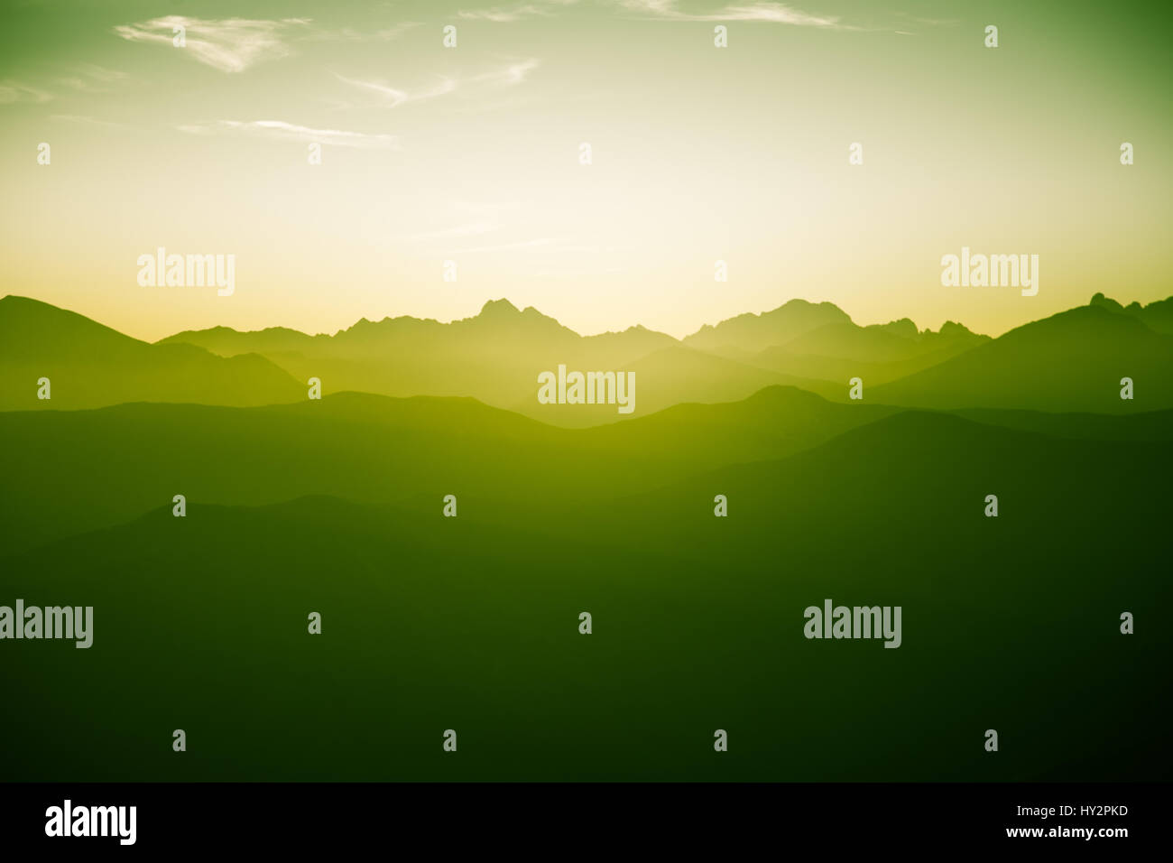 A beautiful, colorful, abstract mountain landscape with a hot summer ...