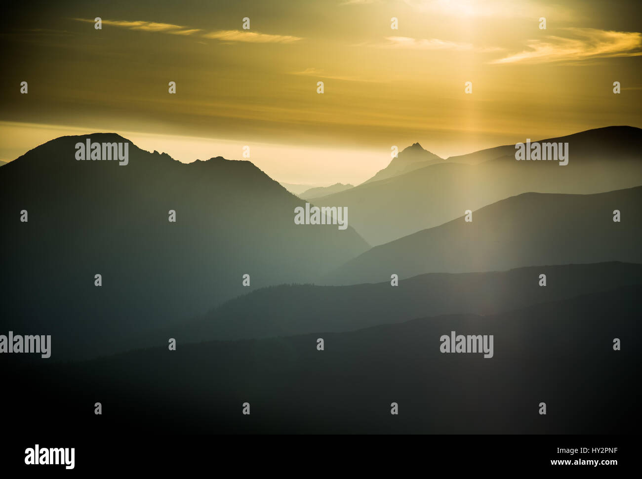 A beautiful, colorful, abstract mountain landscape with a hot summer ...