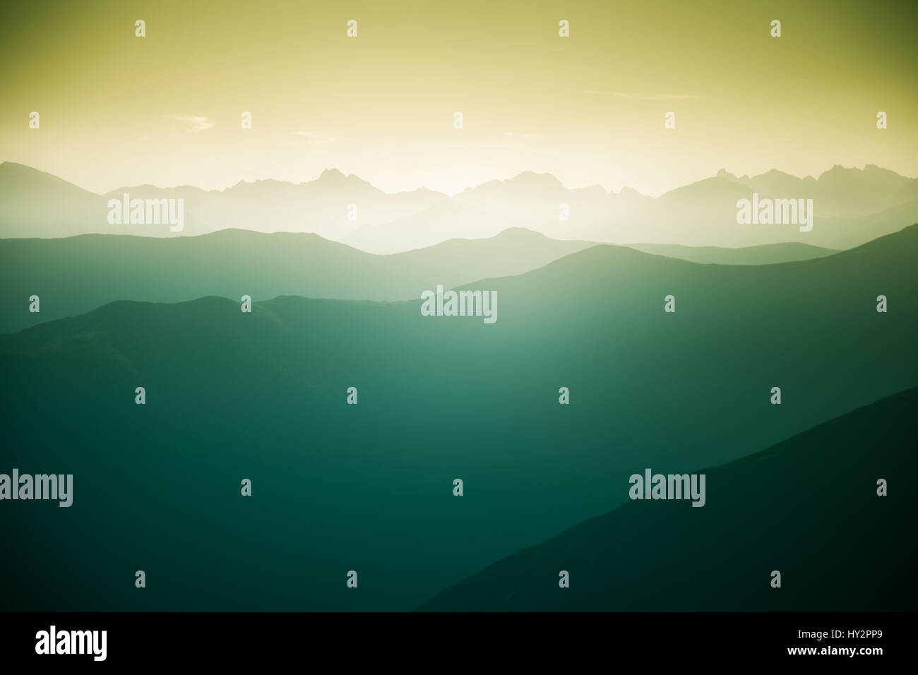 A beautiful, colorful, abstract mountain landscape with a hot summer ...