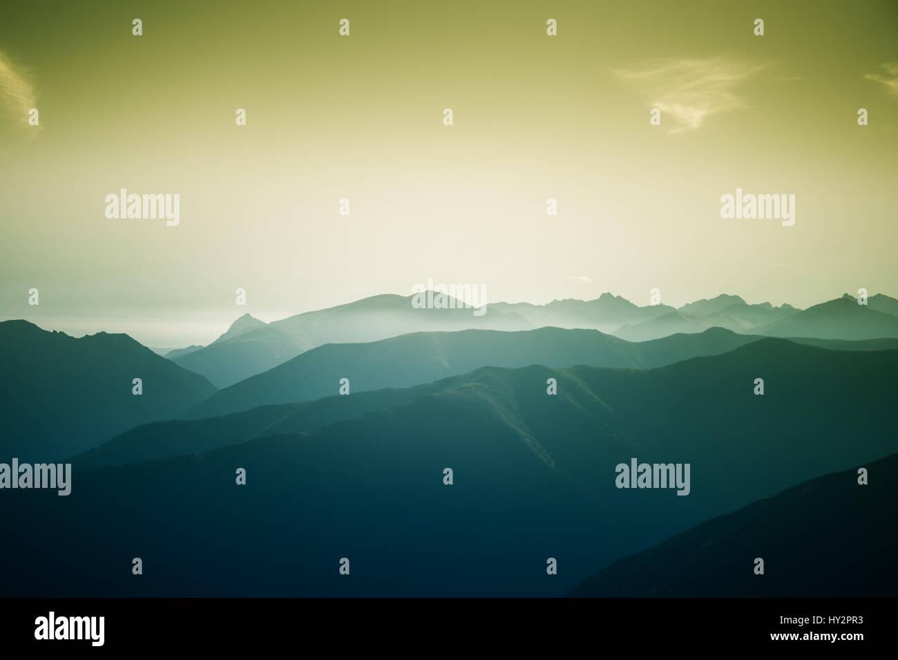 A beautiful, colorful, abstract mountain landscape with a hot summer ...