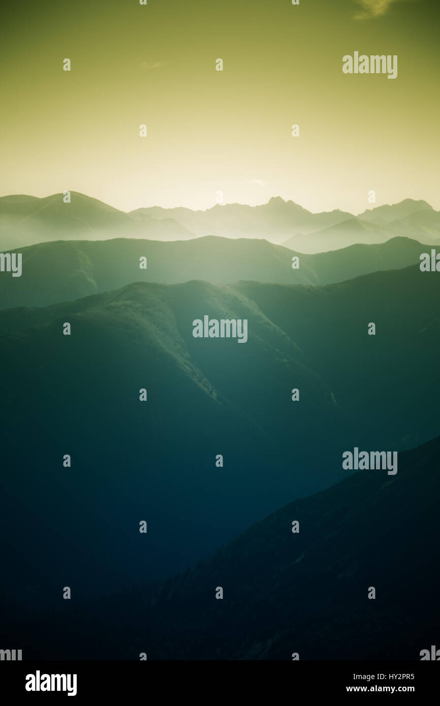 A beautiful, colorful, abstract mountain landscape with a hot summer ...