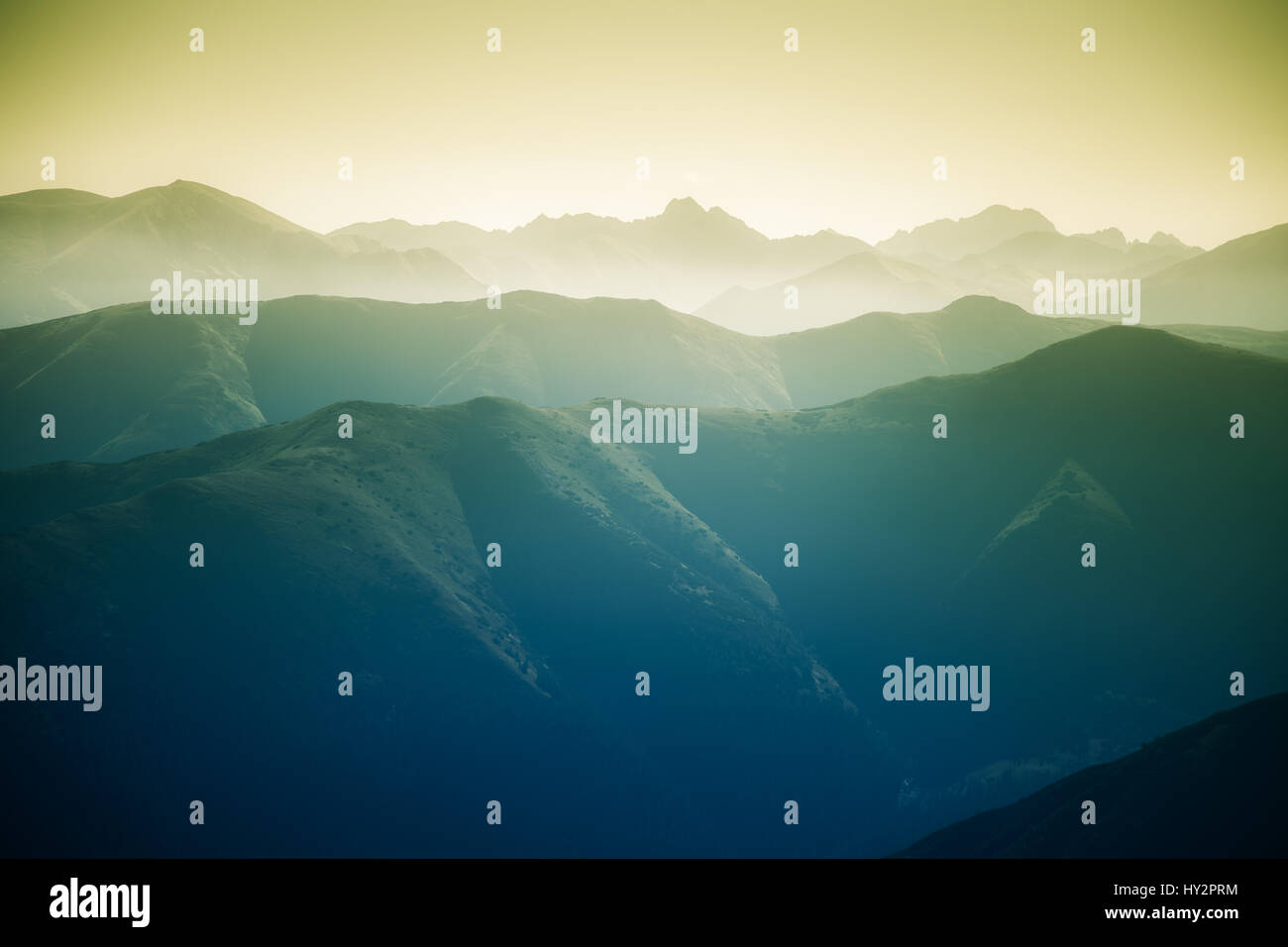 A beautiful, colorful, abstract mountain landscape with a hot summer ...