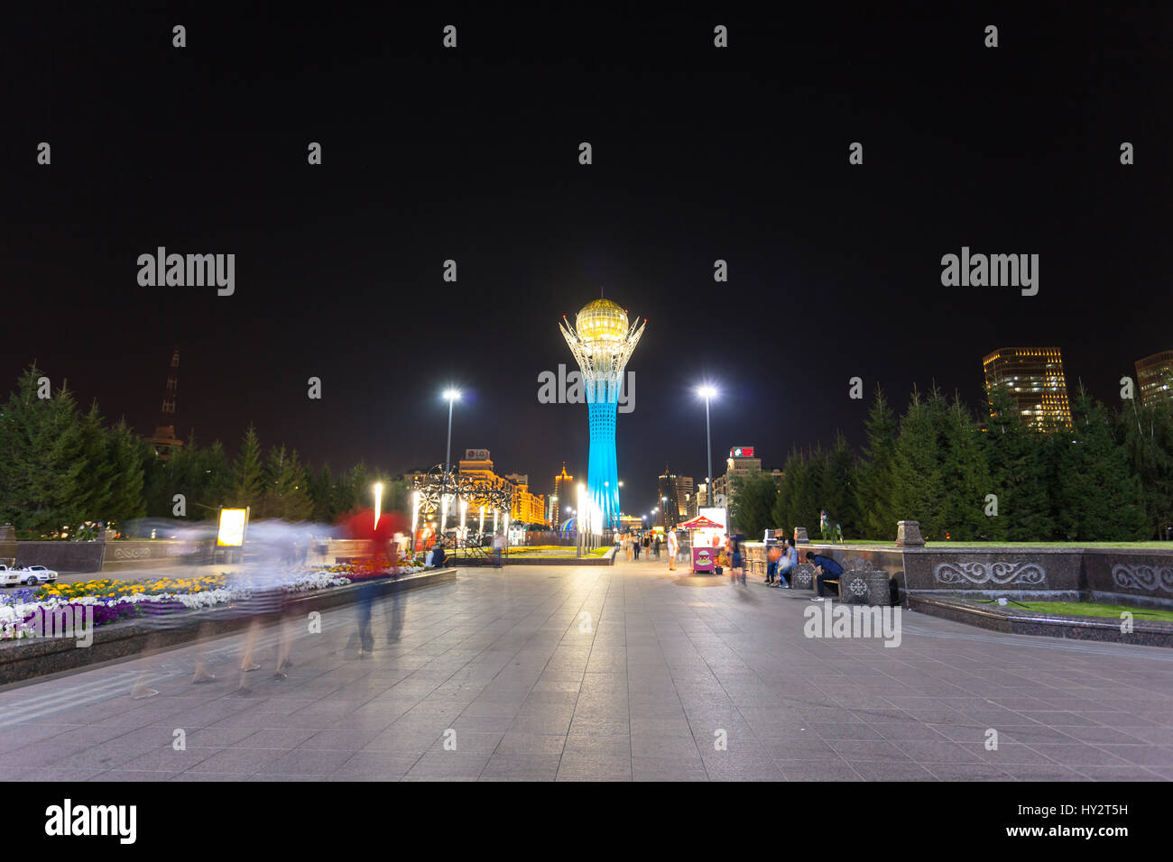 Astana city at night, in the center of the photo Baiterek monument ...
