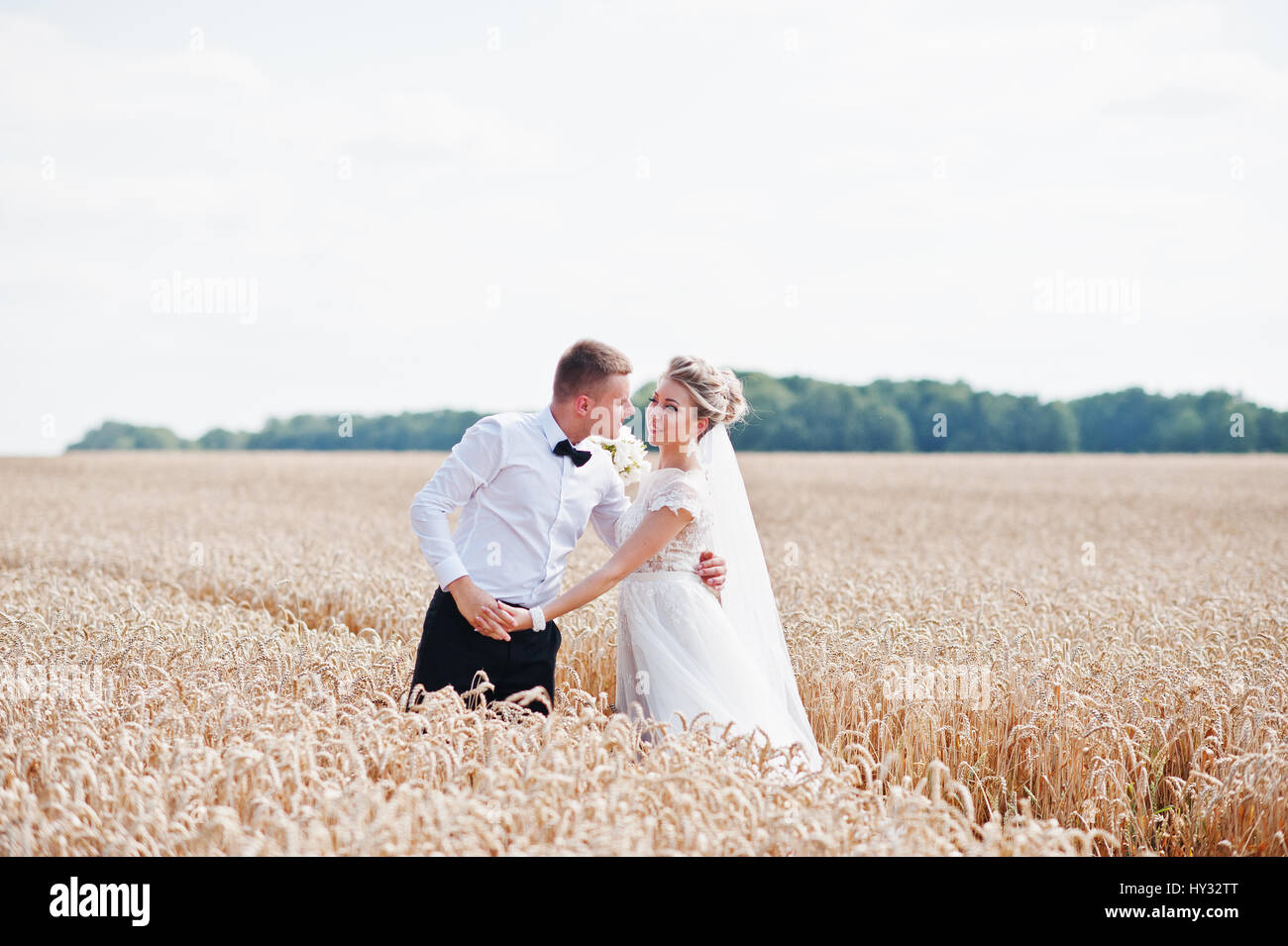 Wedding couple at field of wheat in love Stock Photo - Alamy