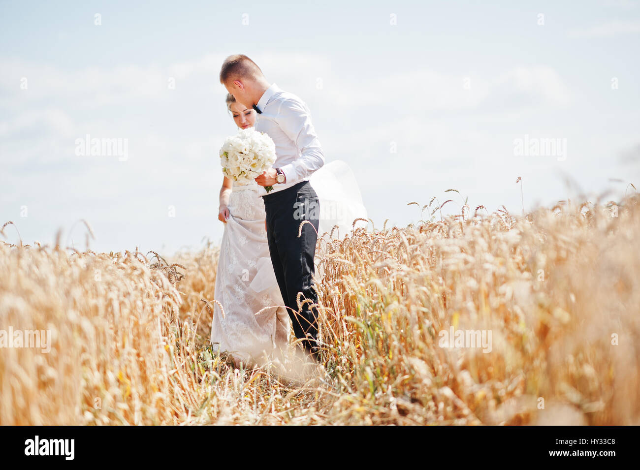 Wedding couple at field of wheat in love Stock Photo - Alamy