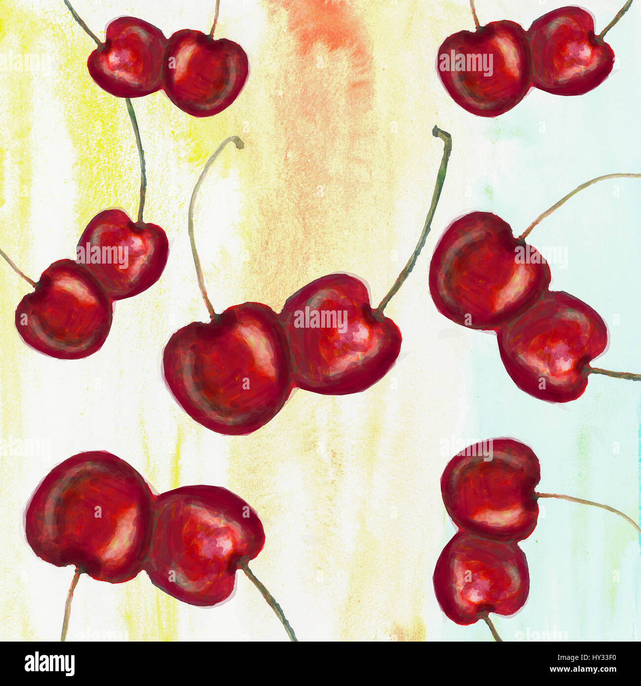 painted cherries on watercolor background Stock Photo - Alamy