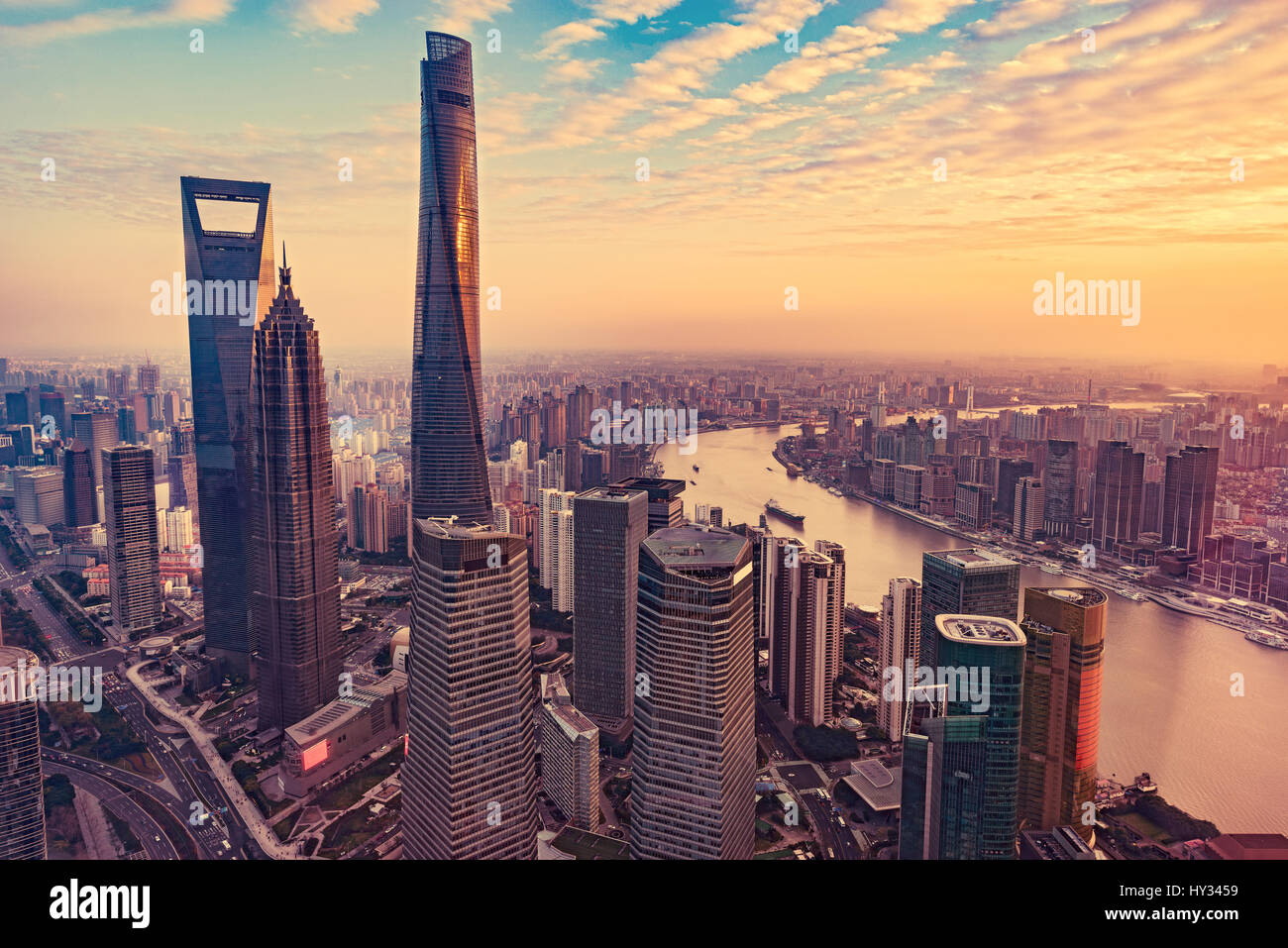 Aerial view of Shanghai city center at sunset time. China Stock Photo ...