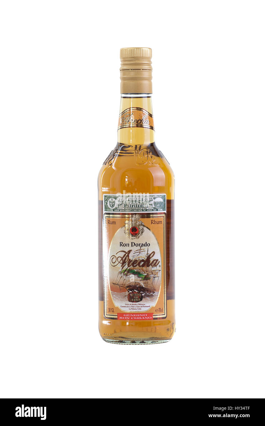 A bottle of Arecha - Ron Decado, Cuban imported Rum, on a solid white ...