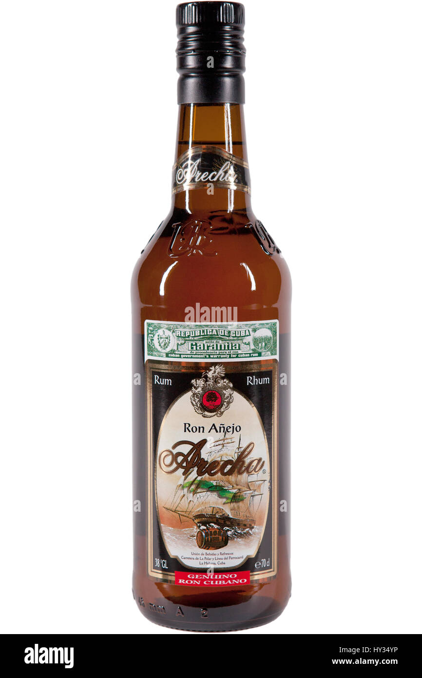 A bottle of Arecha, Cuban imported Rum, on a solid white background ...