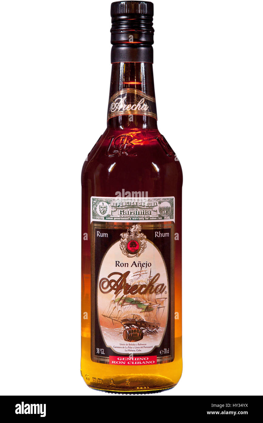 A bottle of Arecha, Cuban imported Rum, on a solid white background ...