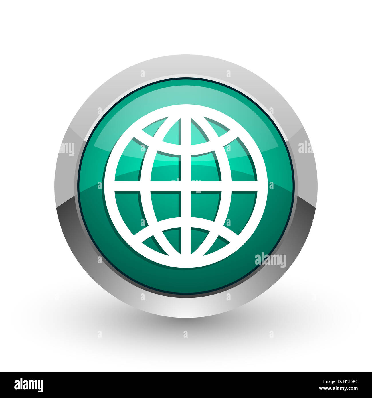 Earth silver metallic chrome web design green round internet icon with ...