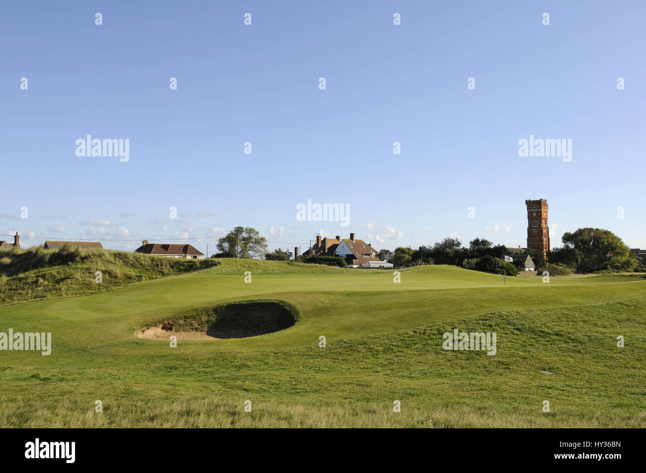 View over small bunker to the 17th Green and water tower, Littlestone ...