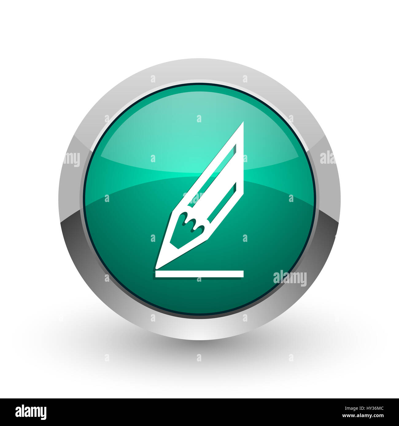 Pencil silver metallic chrome web design green round internet icon with ...