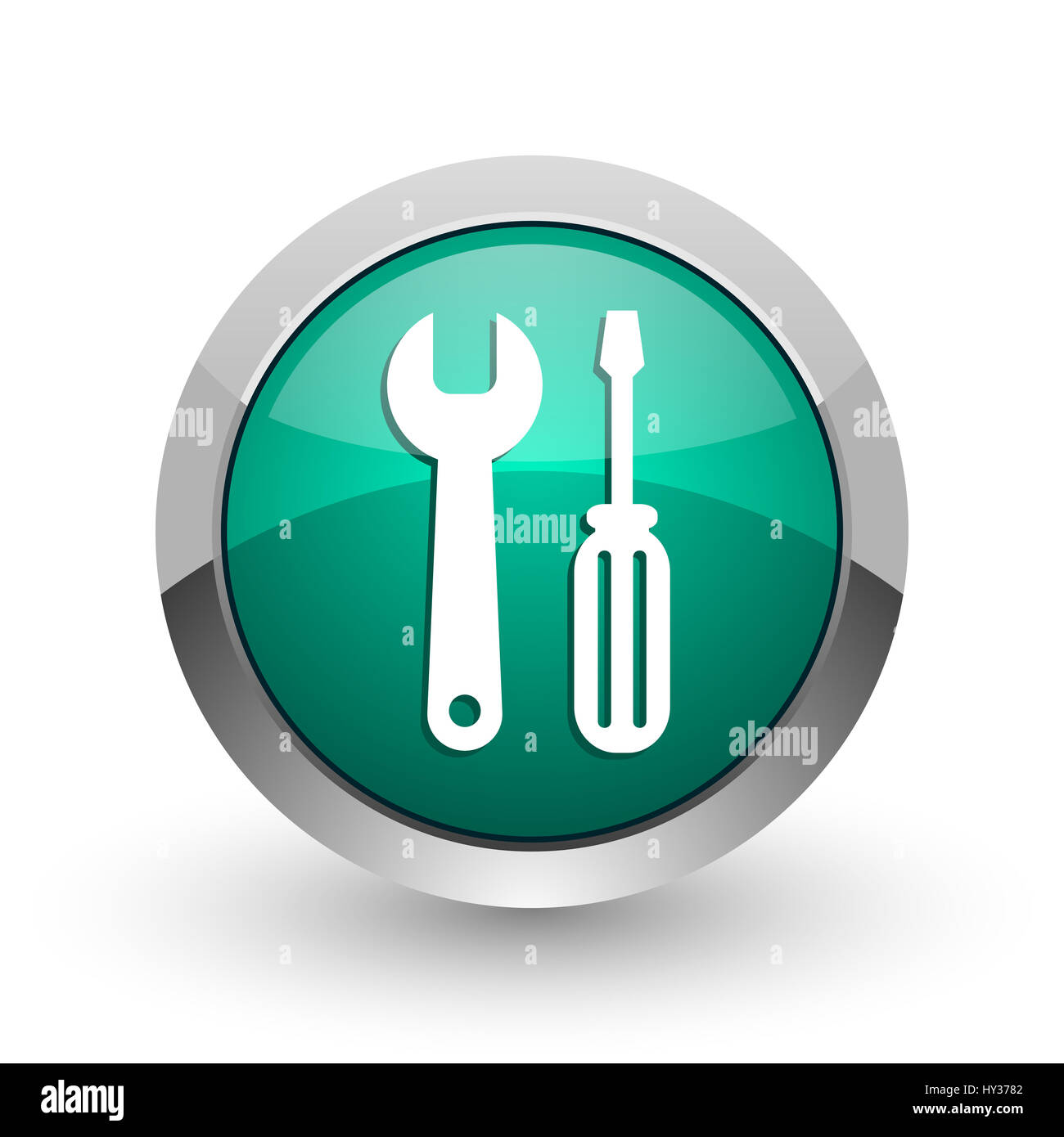 Tool silver metallic chrome web design green round internet icon with ...