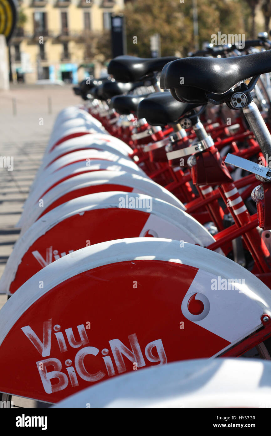 BARCELONA, SPAIN, March 14 2017: Bicing bicycle sharing bikes at a ...