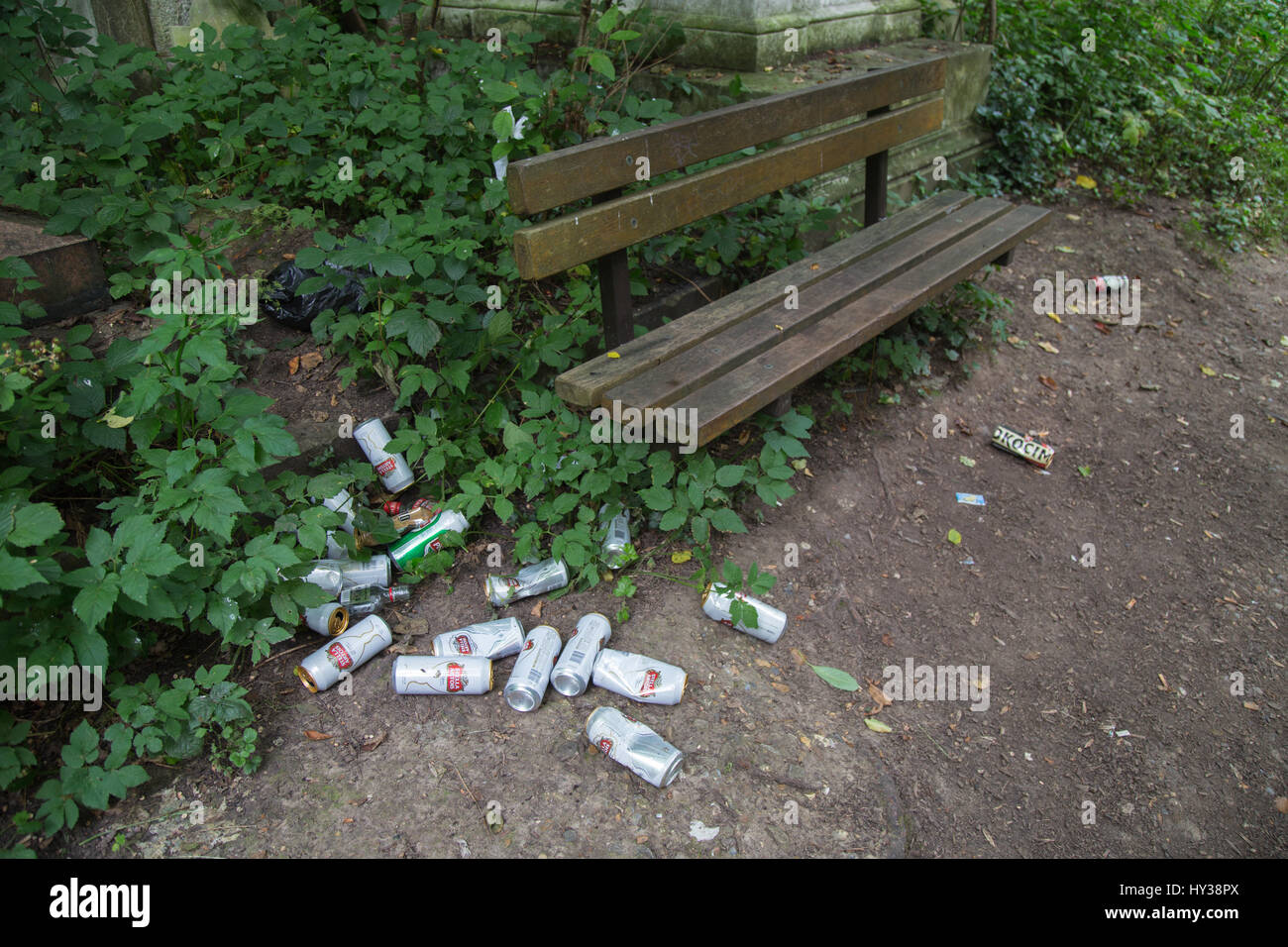 discarded empty lager cans litter a path by a bench in north London ...