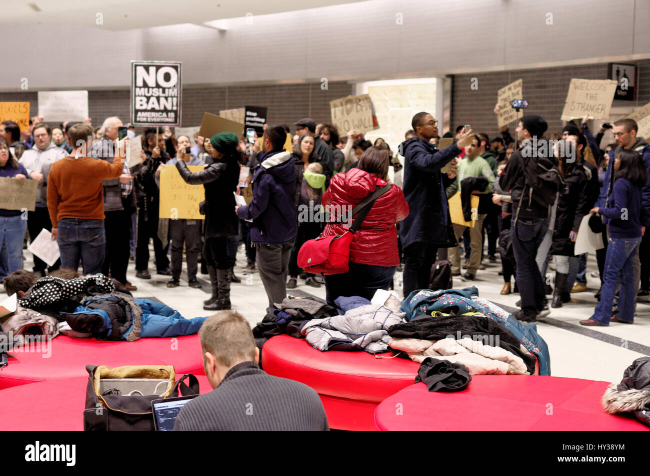 Travel ban protest at Philadelphia International Airport Stock Photo ...