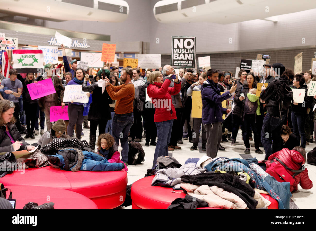 Travel ban protest at Philadelphia International Airport Stock Photo ...