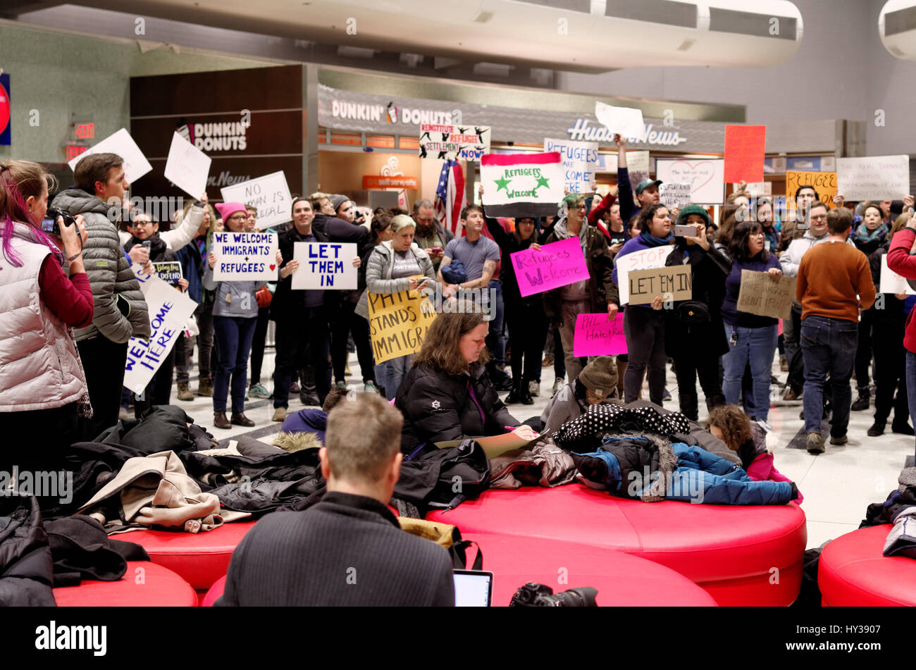 Travel ban protest at Philadelphia International Airport Stock Photo ...