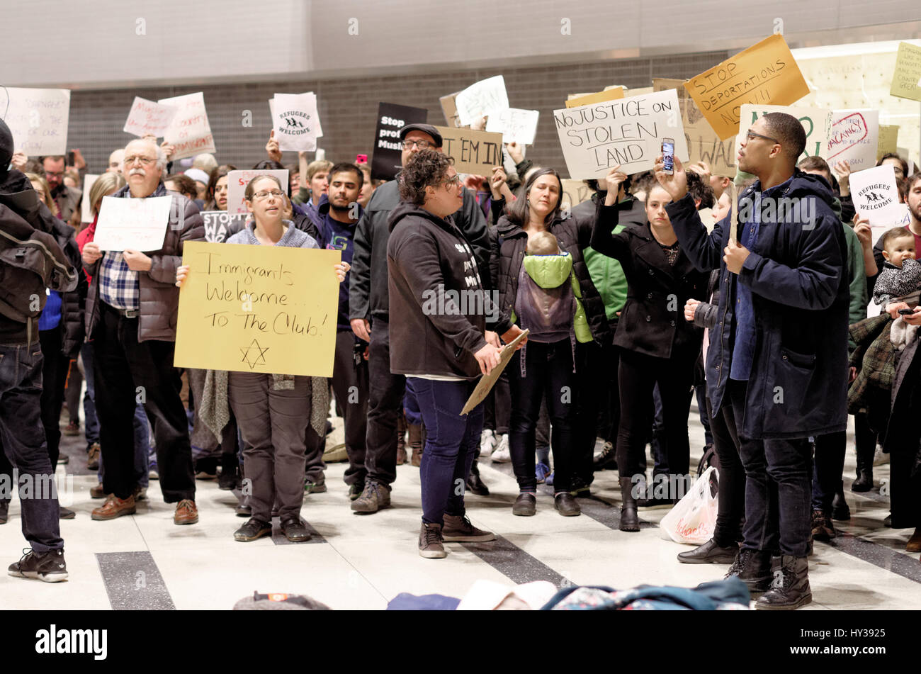 Travel ban protest at Philadelphia International Airport Stock Photo ...