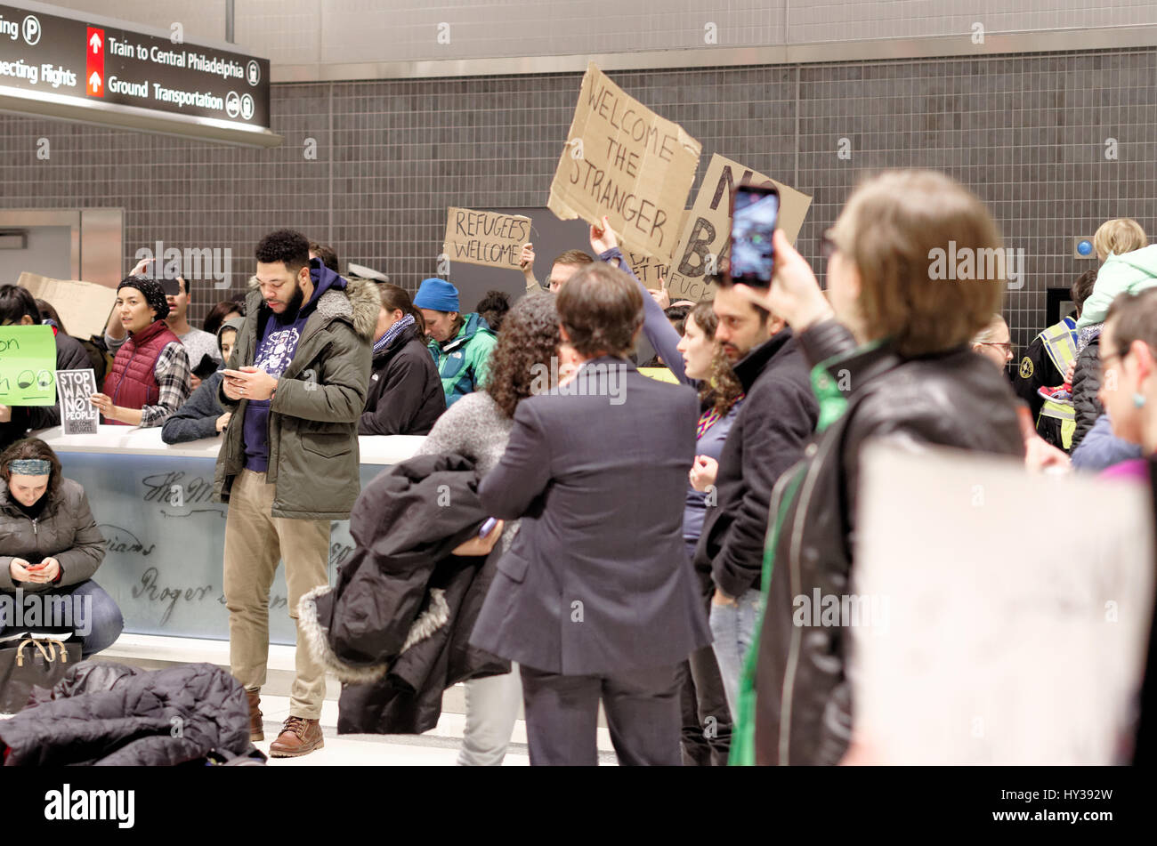Travel ban protest at Philadelphia International Airport Stock Photo ...