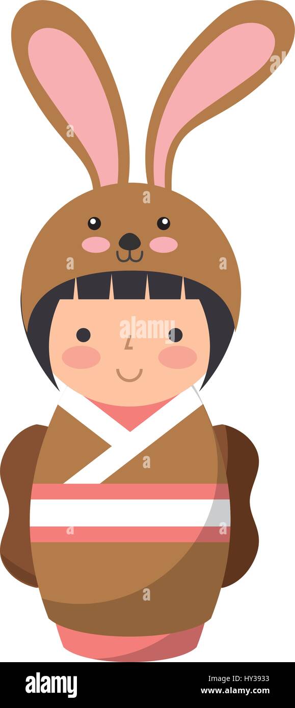 cute japanese doll with a disguise of a rabbit vector illustration ...