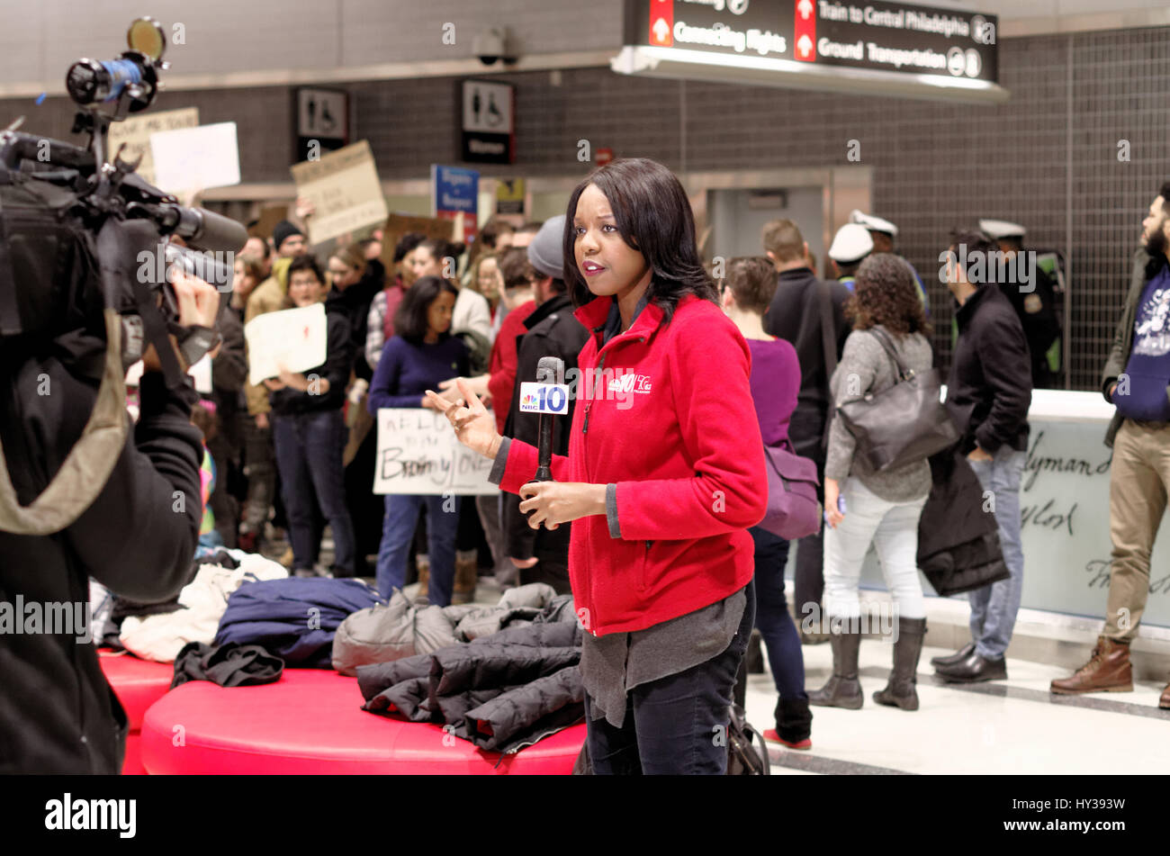 Travel ban protest at Philadelphia International Airport Stock Photo ...