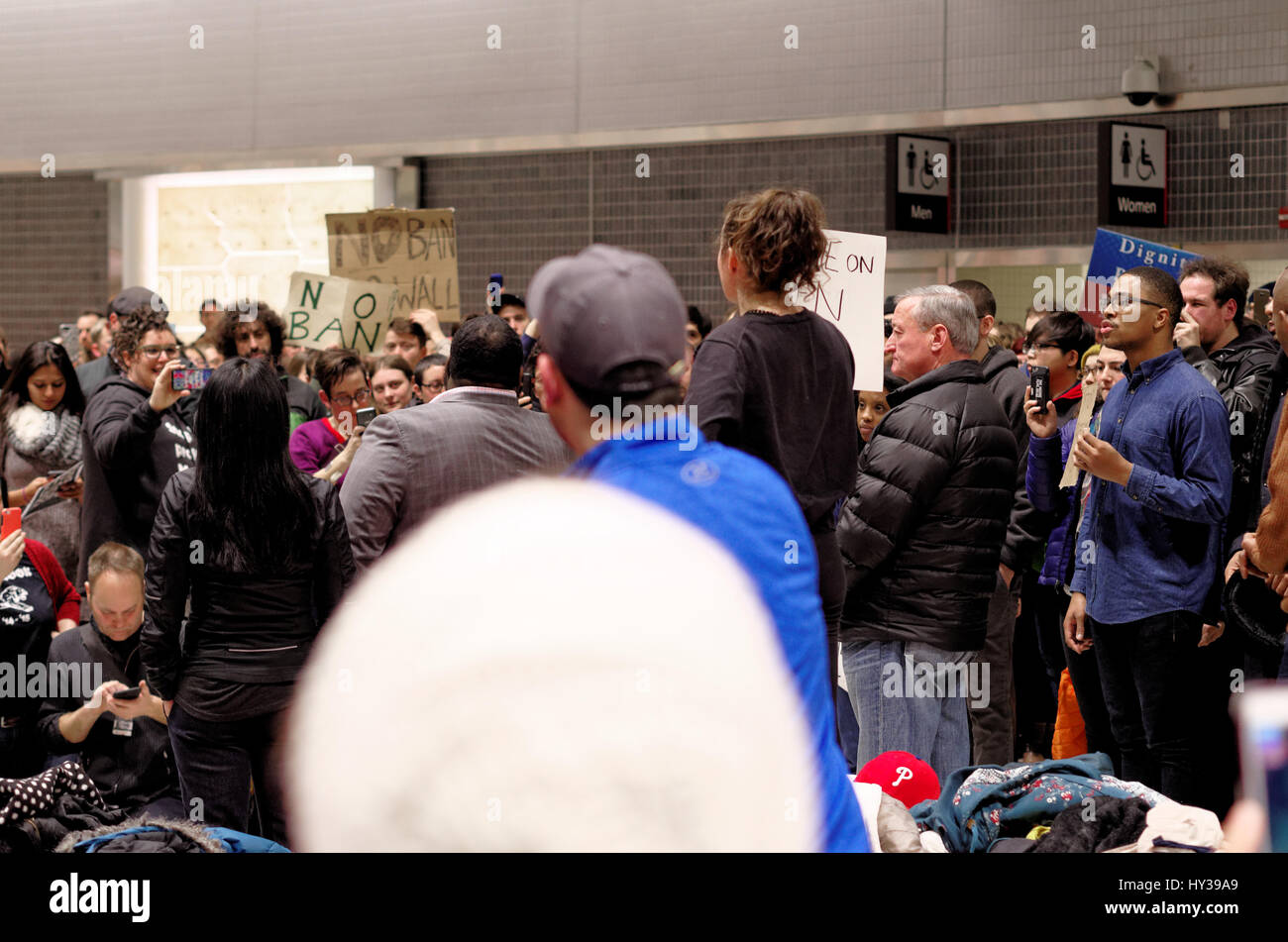 Travel ban protest at Philadelphia International Airport Stock Photo ...