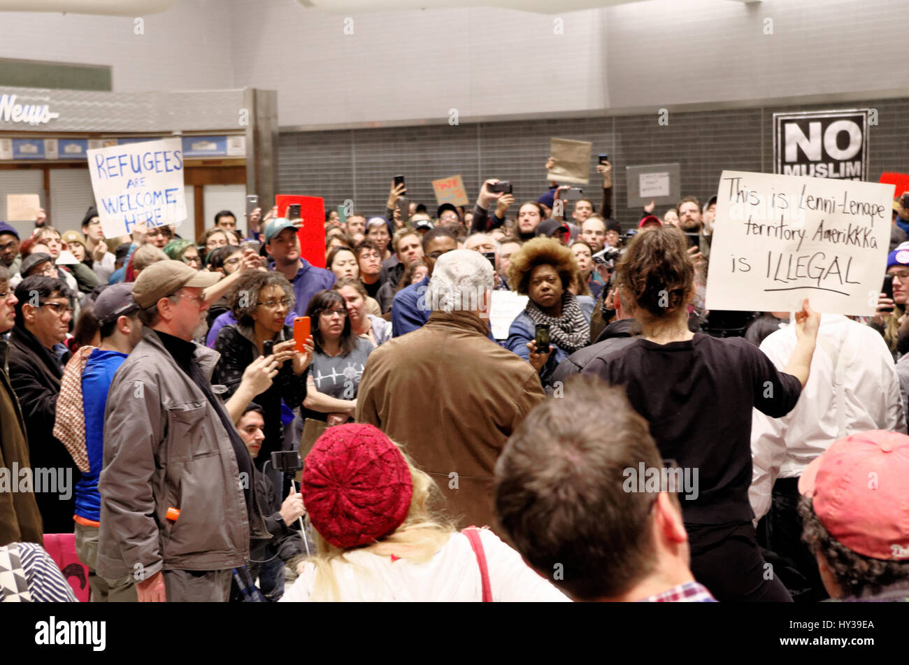 Travel ban protest at Philadelphia International Airport Stock Photo ...