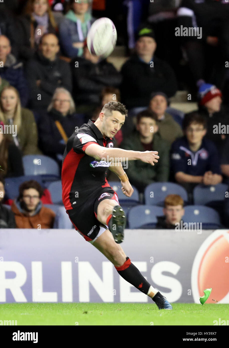 Edinburgh's Jason Tovey converts his sides first try during the ...
