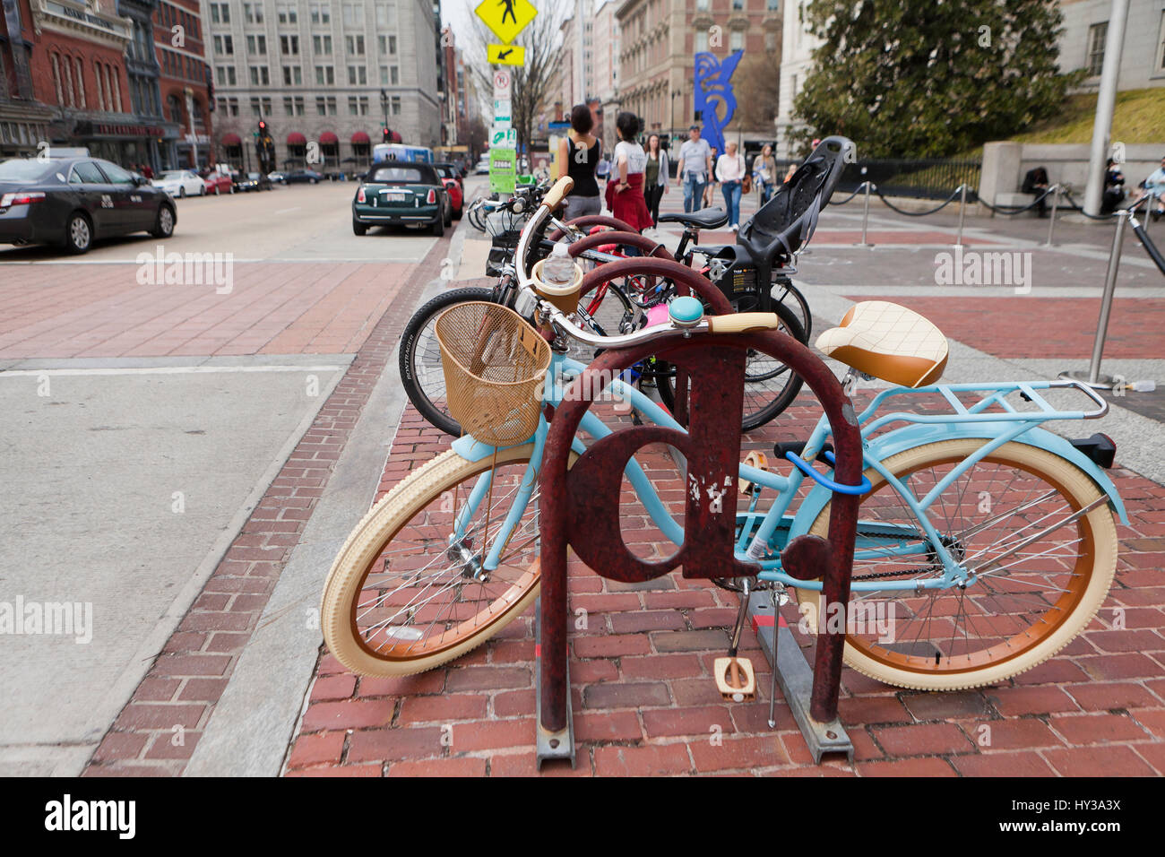 Bicycles parked at public parking rack (bicycle rack) - USA Stock Photo ...