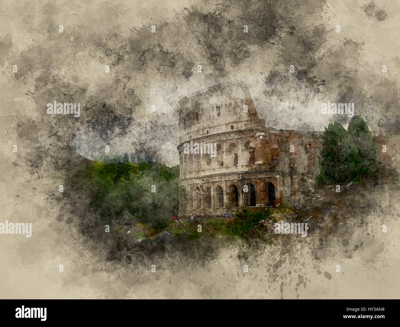 View of ancient rome coliseum ruins. Italy. Rome. In watercolor ...