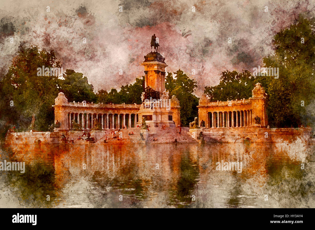 Lake in Retiro park, in Madrid Spain. In watercolor background Stock ...