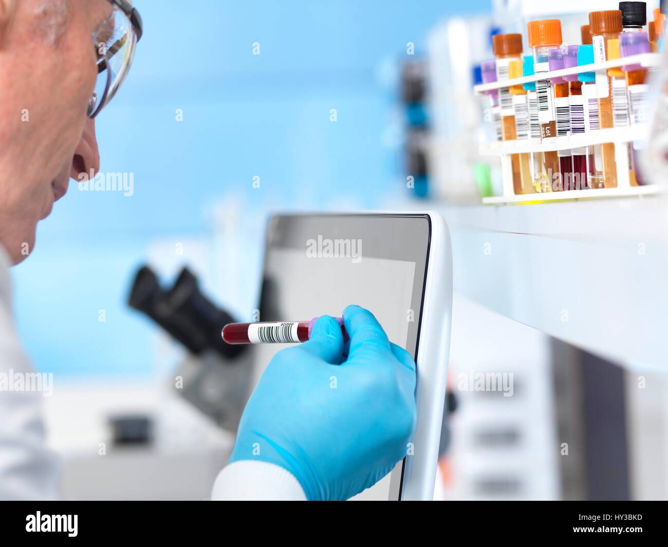 MODEL RELEASED. Scientist preparing human medical samples for testing ...