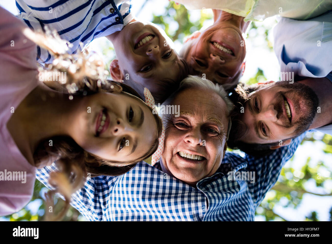 Portrait of multi generation family forming a huddle in park Stock ...