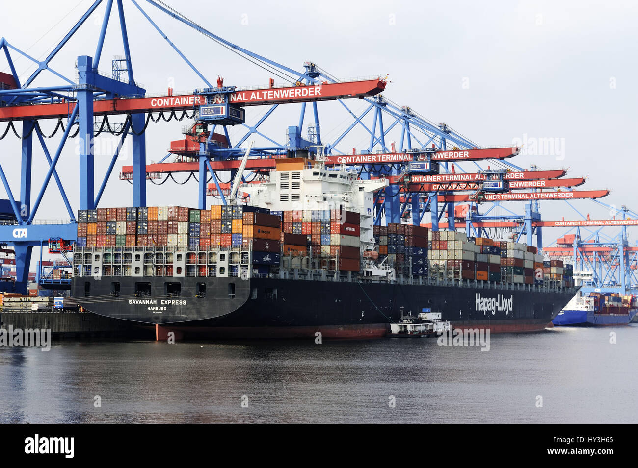 Container freighter Savannah express train in the container terminal ...