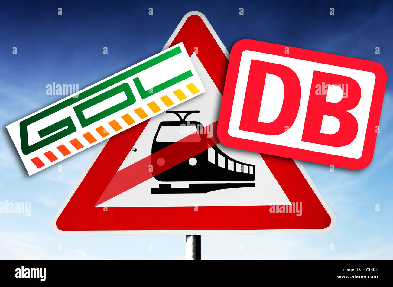 Sign with crossed out road symbol and GDL and German Railways sign ...