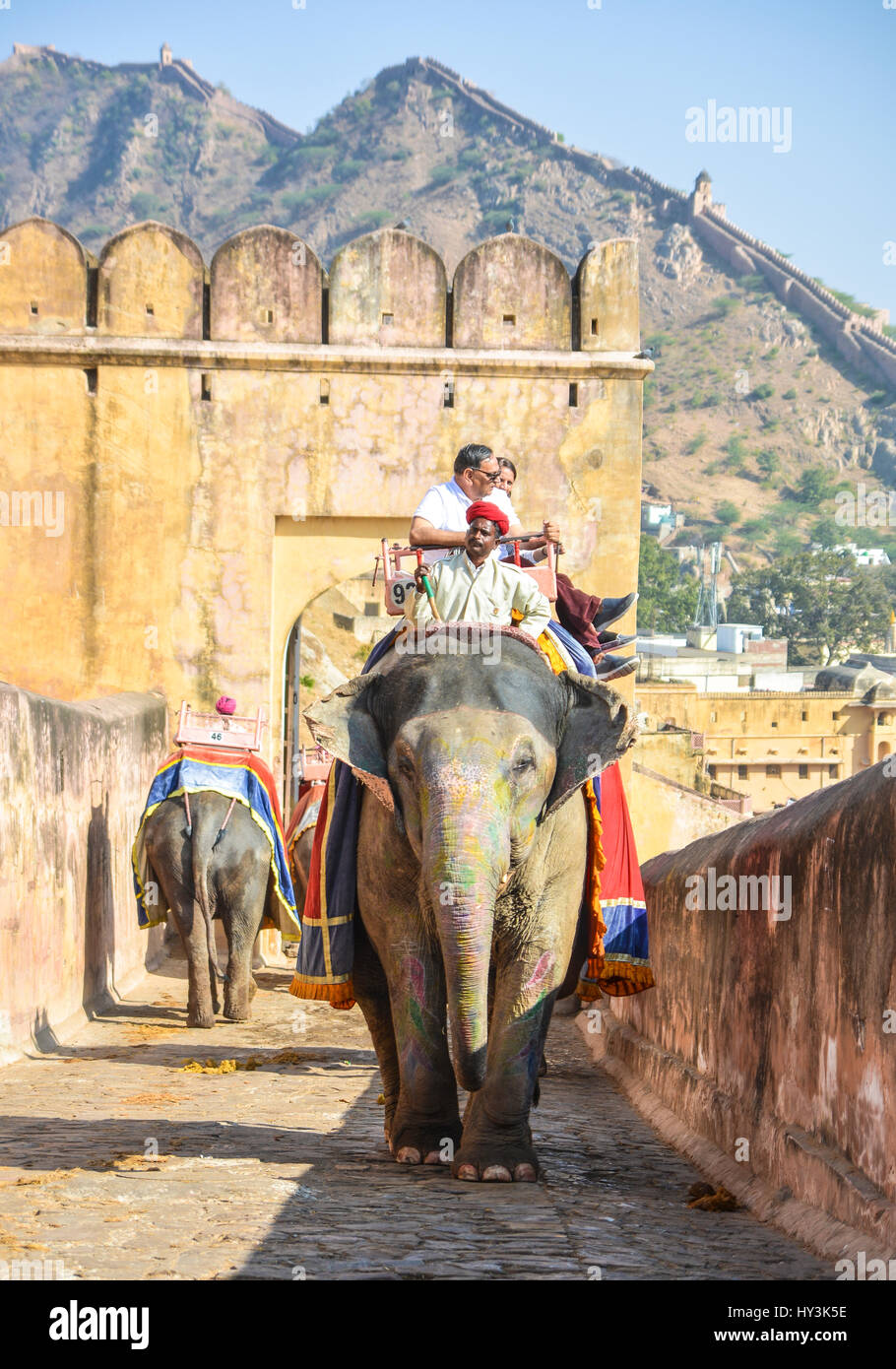 Elephant ride on the cobbled pathway at Amer (Amber) Fort Jaipur India ...