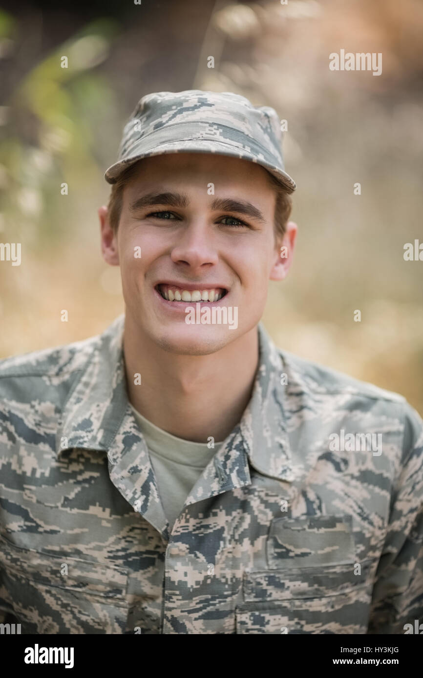 Portrait of smiling military soldier in boot camp Stock Photo - Alamy