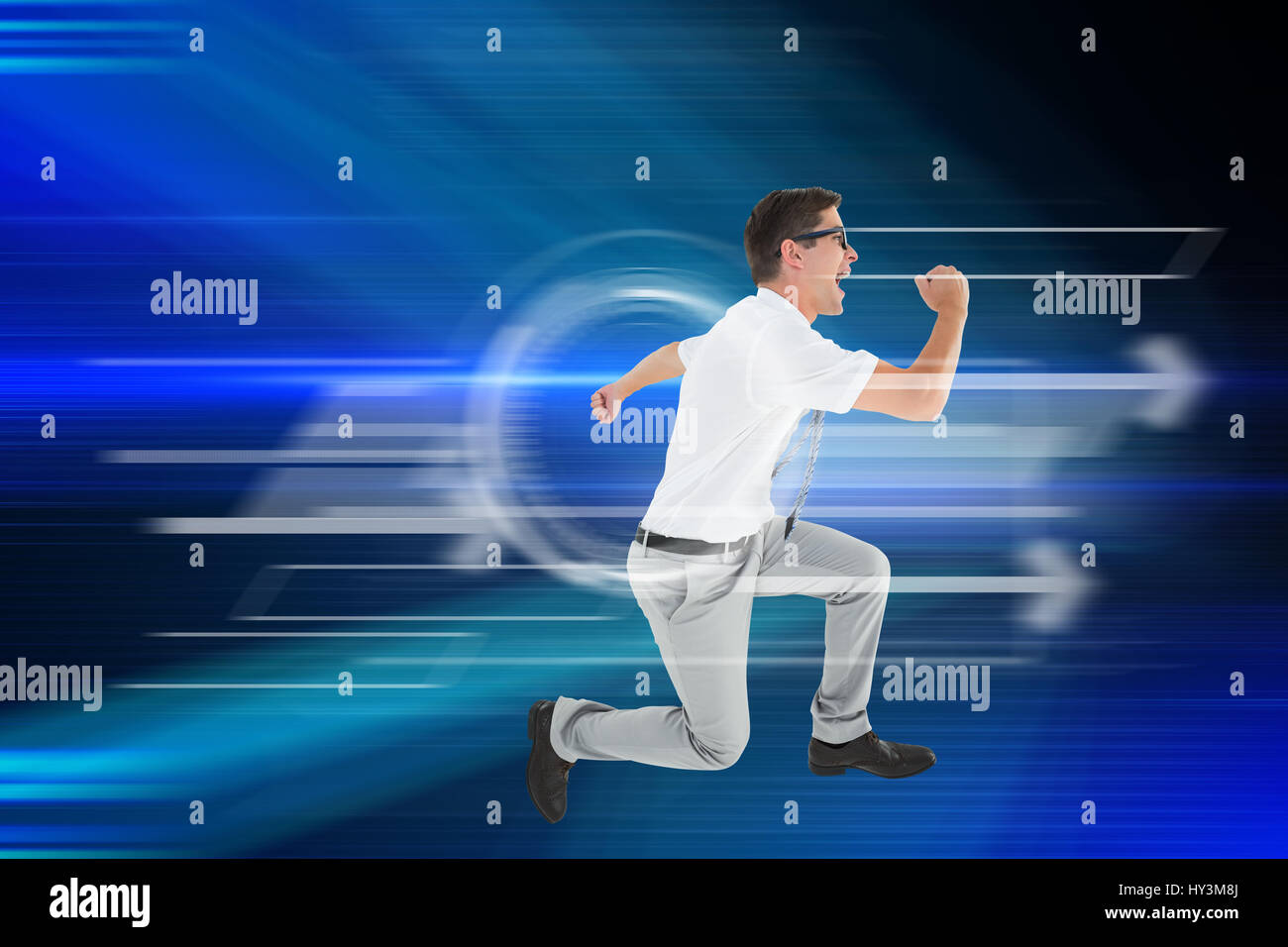 Geeky happy businessman running mid air against blue light beams over ...