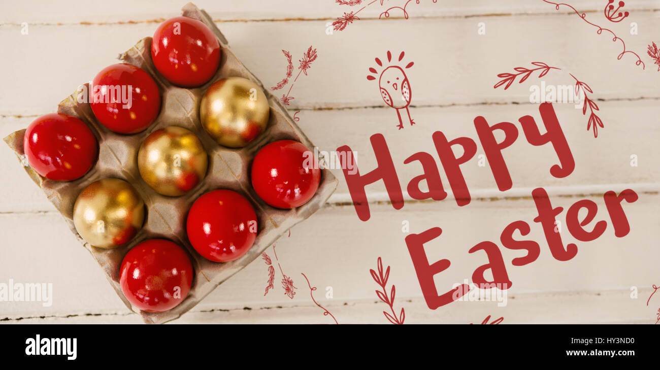 Happy Easter red logo against a white background against red and golden ...