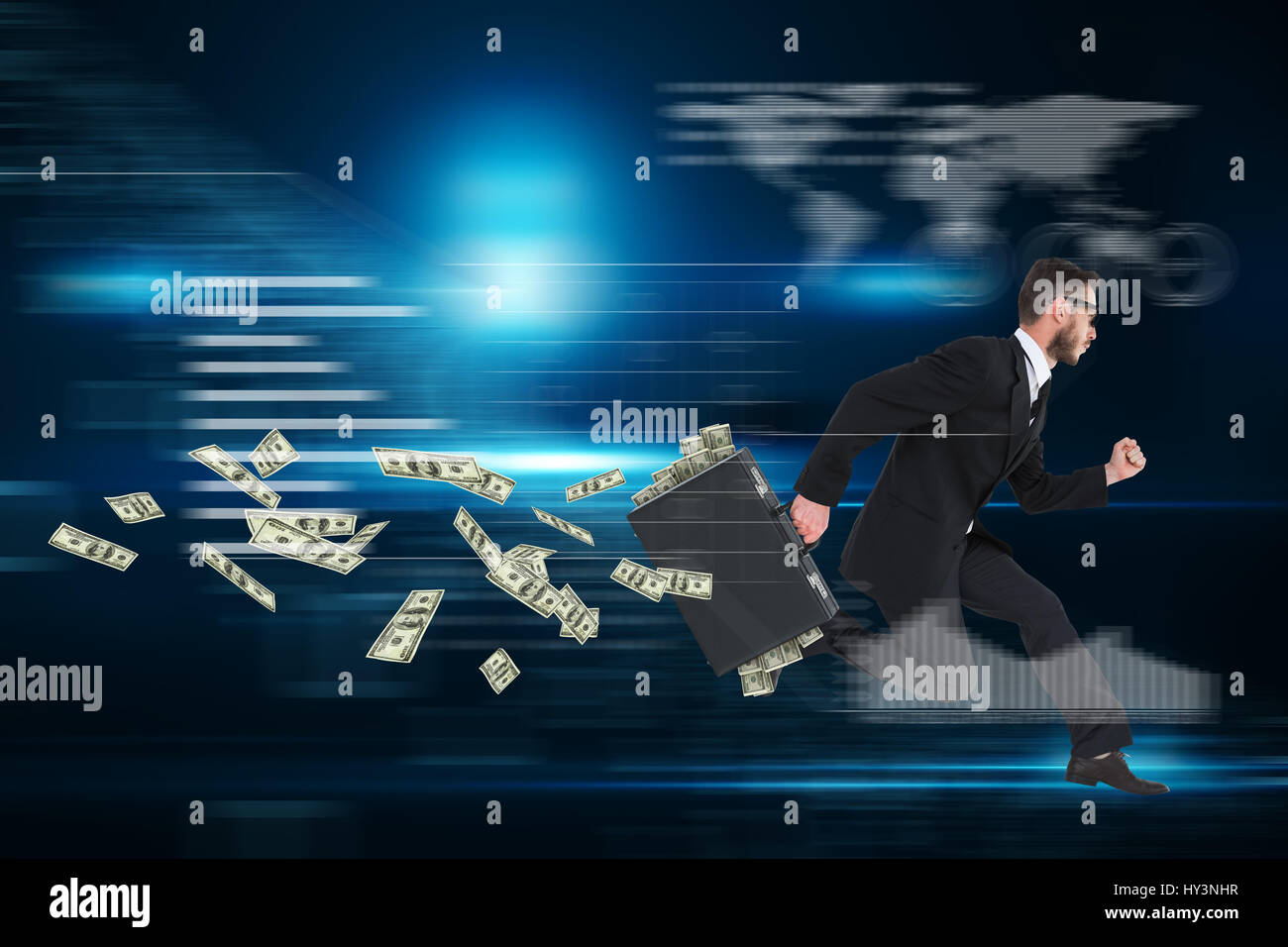 Running businessman against floating numbers on black background Stock ...