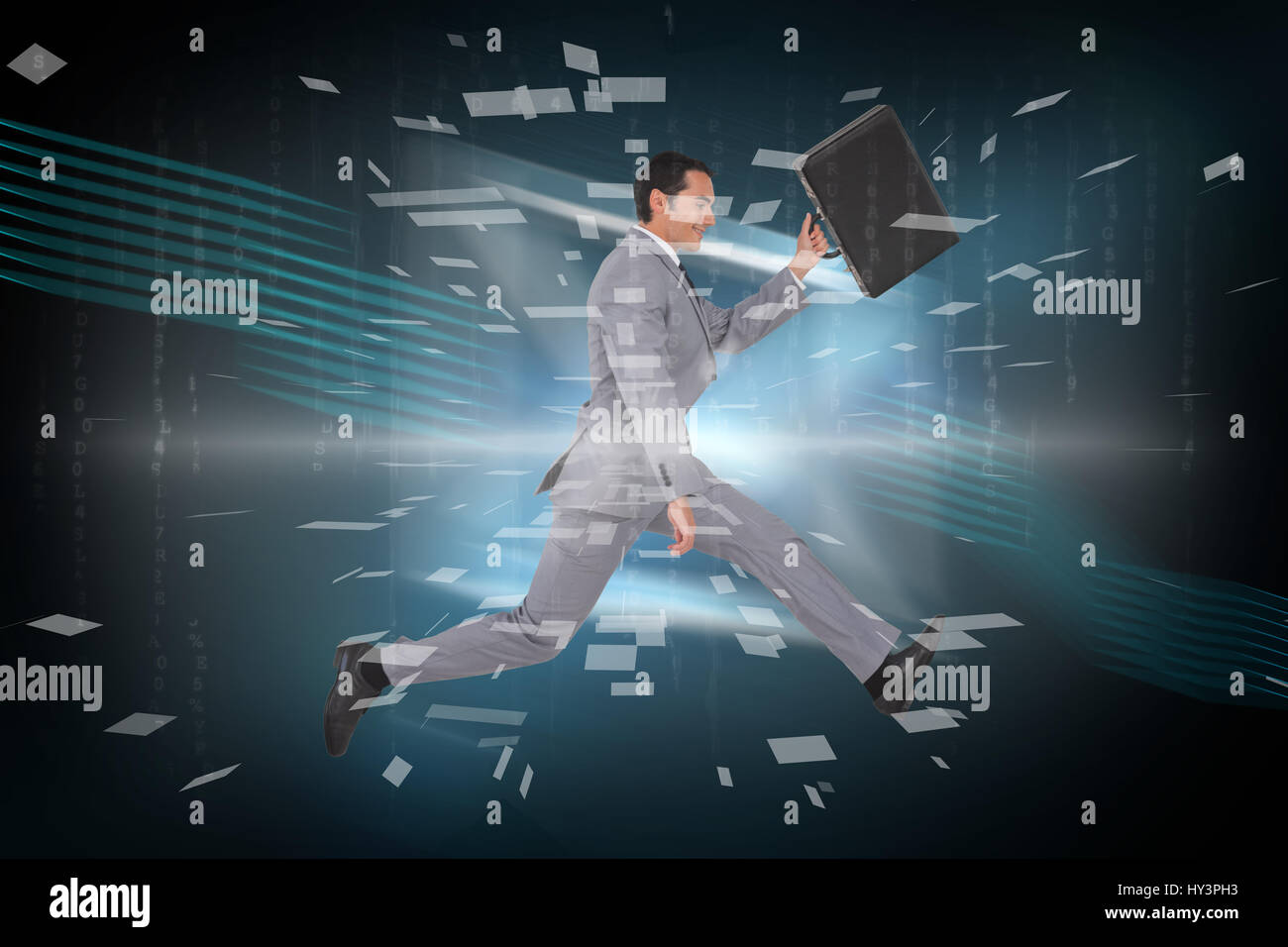Businessman running with a suitcase against glowing envelope on black ...