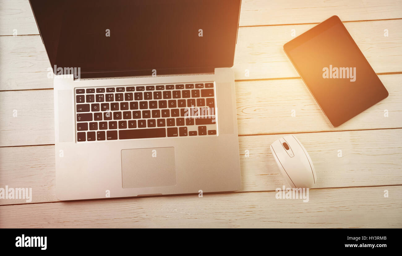 Overhead view of a desk with electronic devices Stock Photo - Alamy