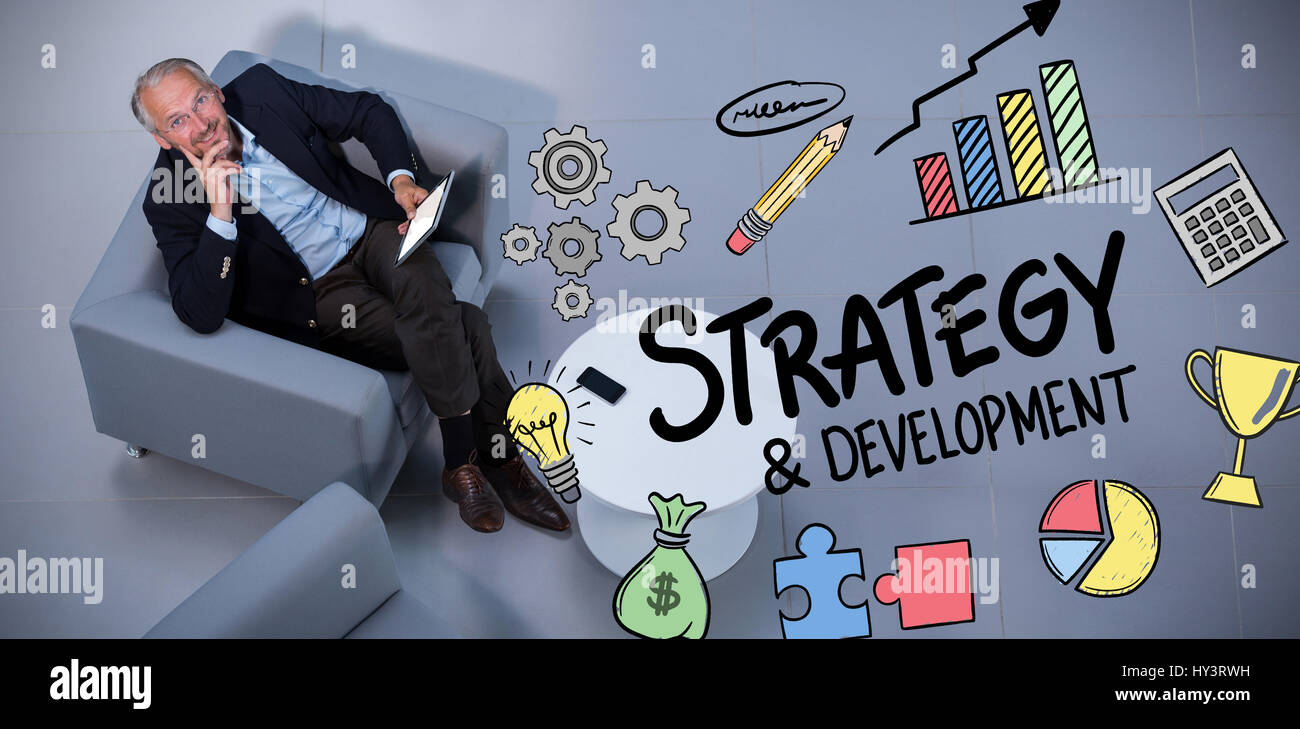 strategy and development doodle against white background with vignette ...