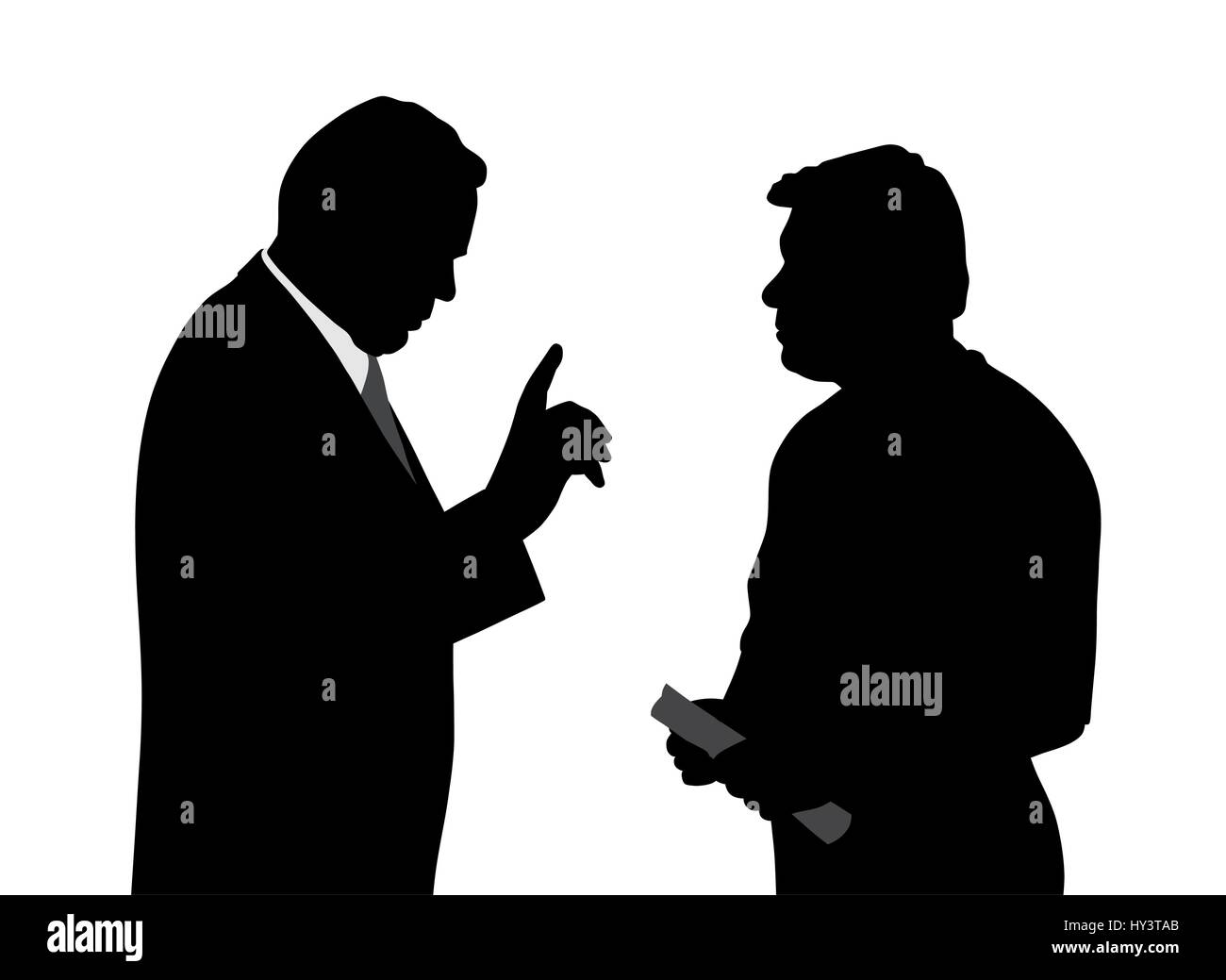 Boss giving order instruction or warning his employee. Isolated white ...