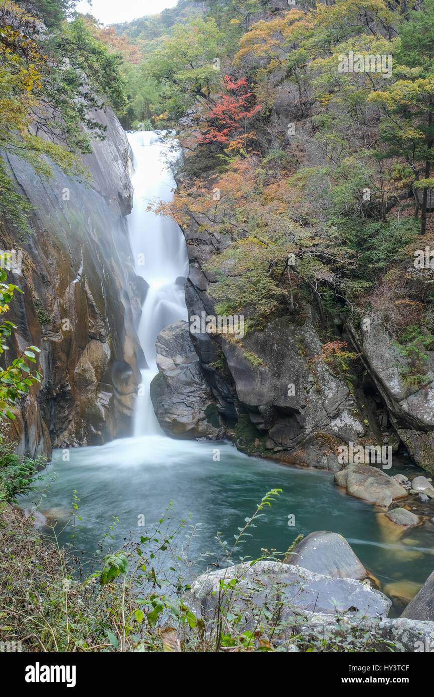 Single waterfall with blurred water cascades into emerald pool in ...